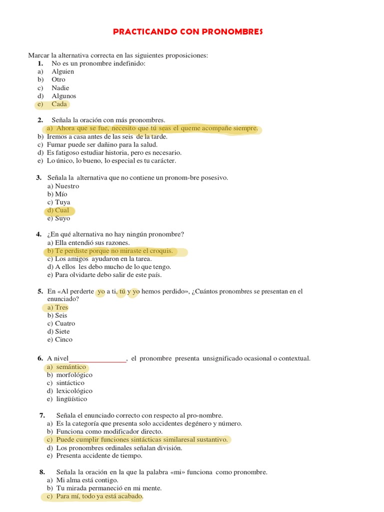 Ejercicios sobre Pronombres | PDF | Adjetivo | Pronombre