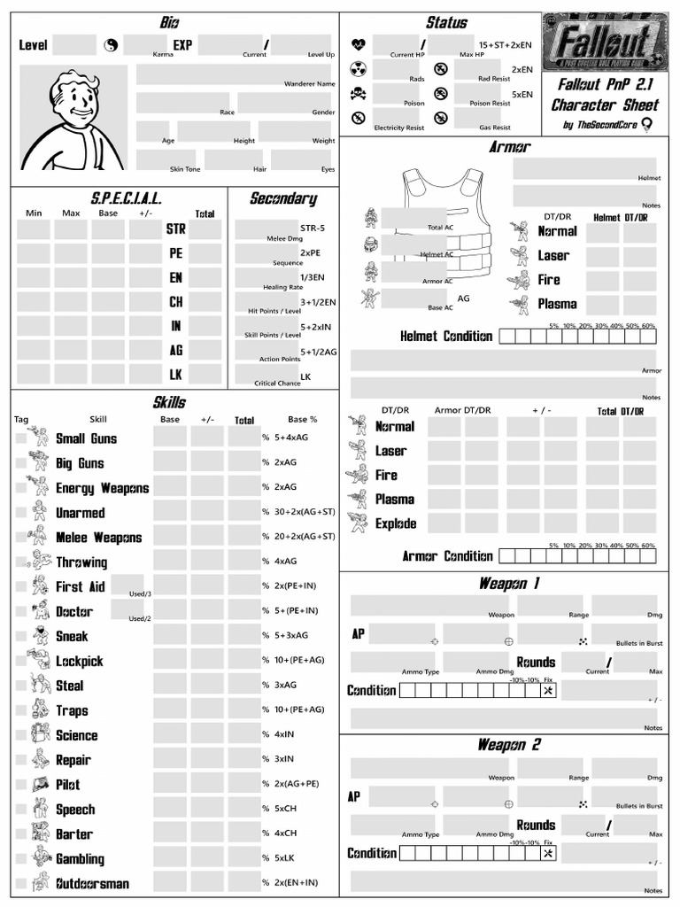 Fallout PNP 2.1 Fillable Character Sheet by TheSecondCore | PDF