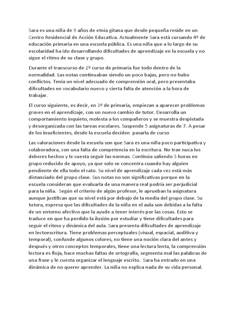 Caso Sara Pedagogia | PDF | Aprendizaje | Educación primaria