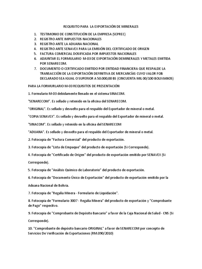 Requisitos para Exportación de Minerales | PDF | Finanzas y dinero