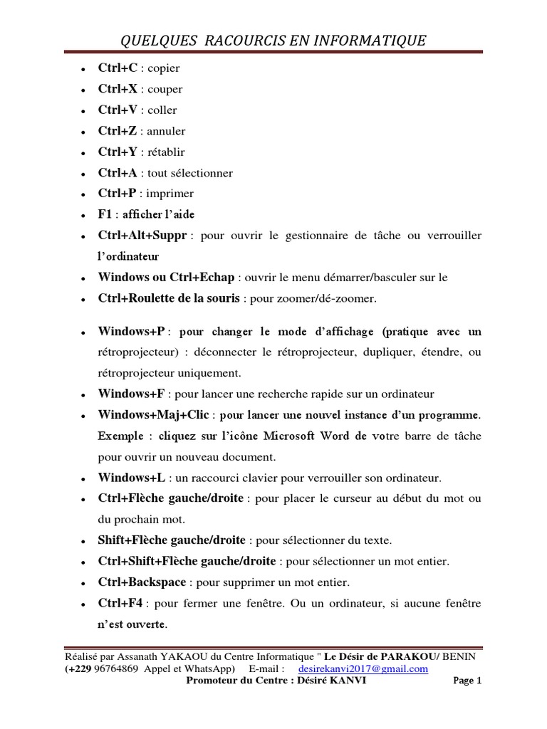 Raccourcis Clavier Essentiels en Informatique | PDF | Contrôle (touche ...