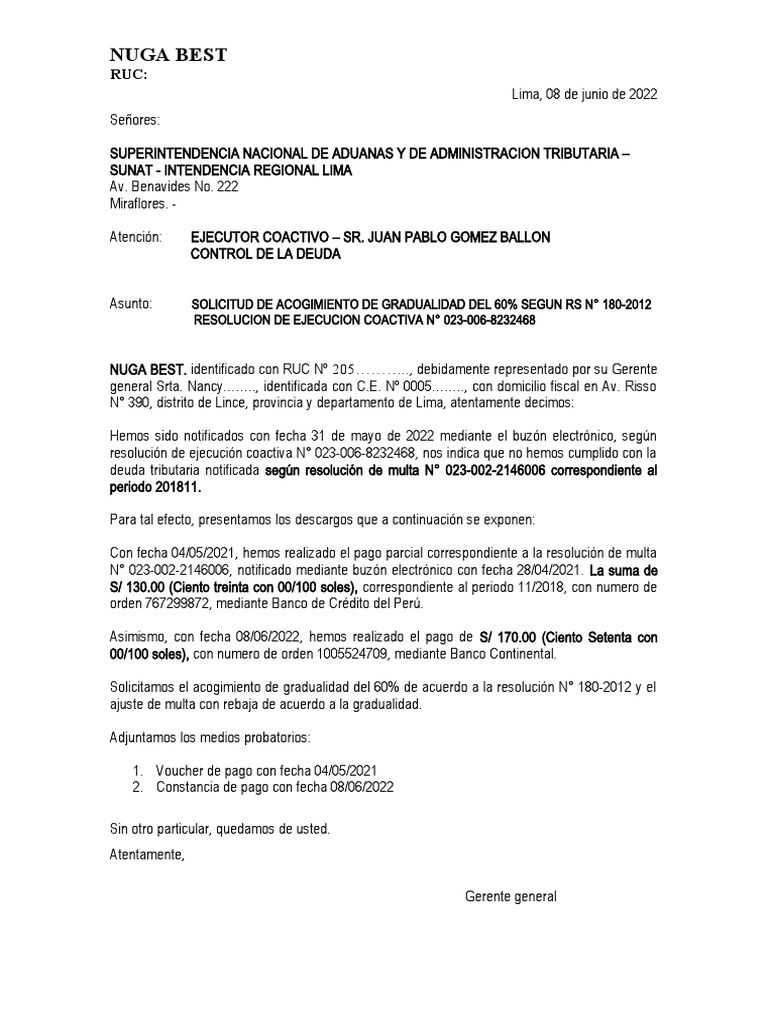 Solicitud Acogimiento Gradualidad Sunat | PDF