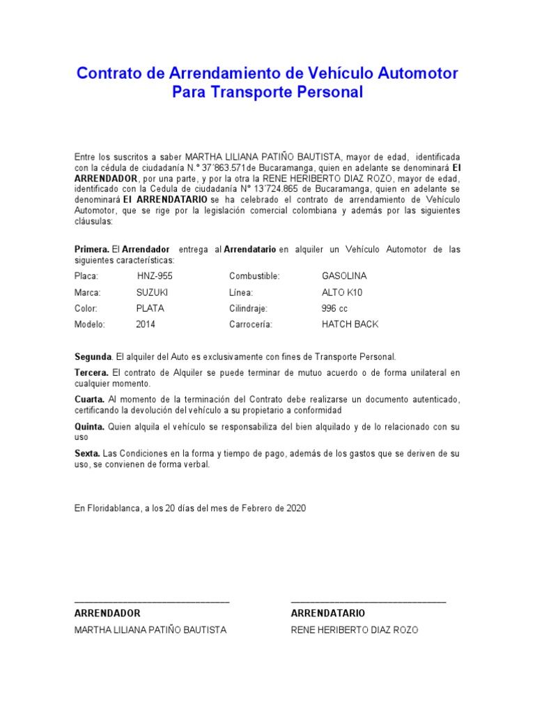 Contrato de Arrendamiento de Vehículo Automotor | PDF