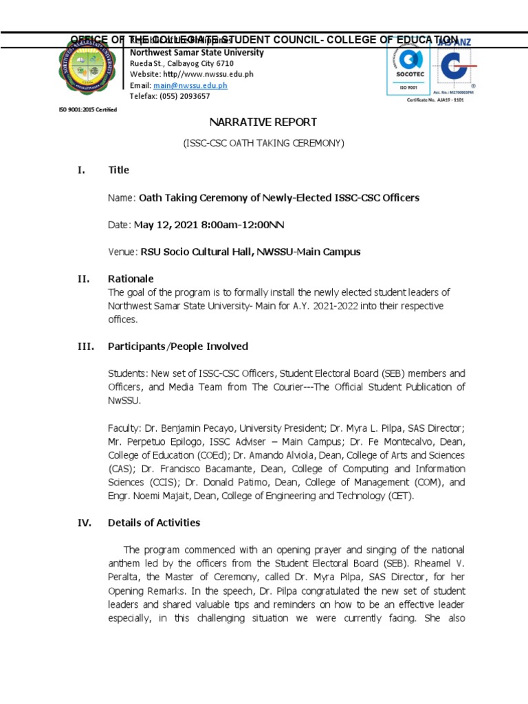Narrative Report For Oath Taking Ceremony | PDF | Science