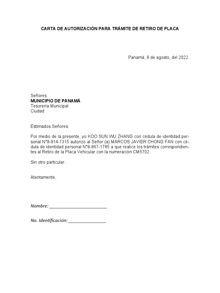 Modelo de Carta Autorización Retiro Placa | PDF