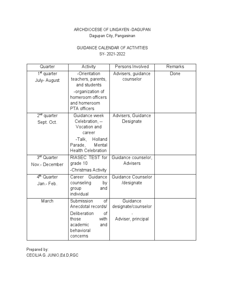 Guidance Calendar of Activities 2021-2022 | PDF