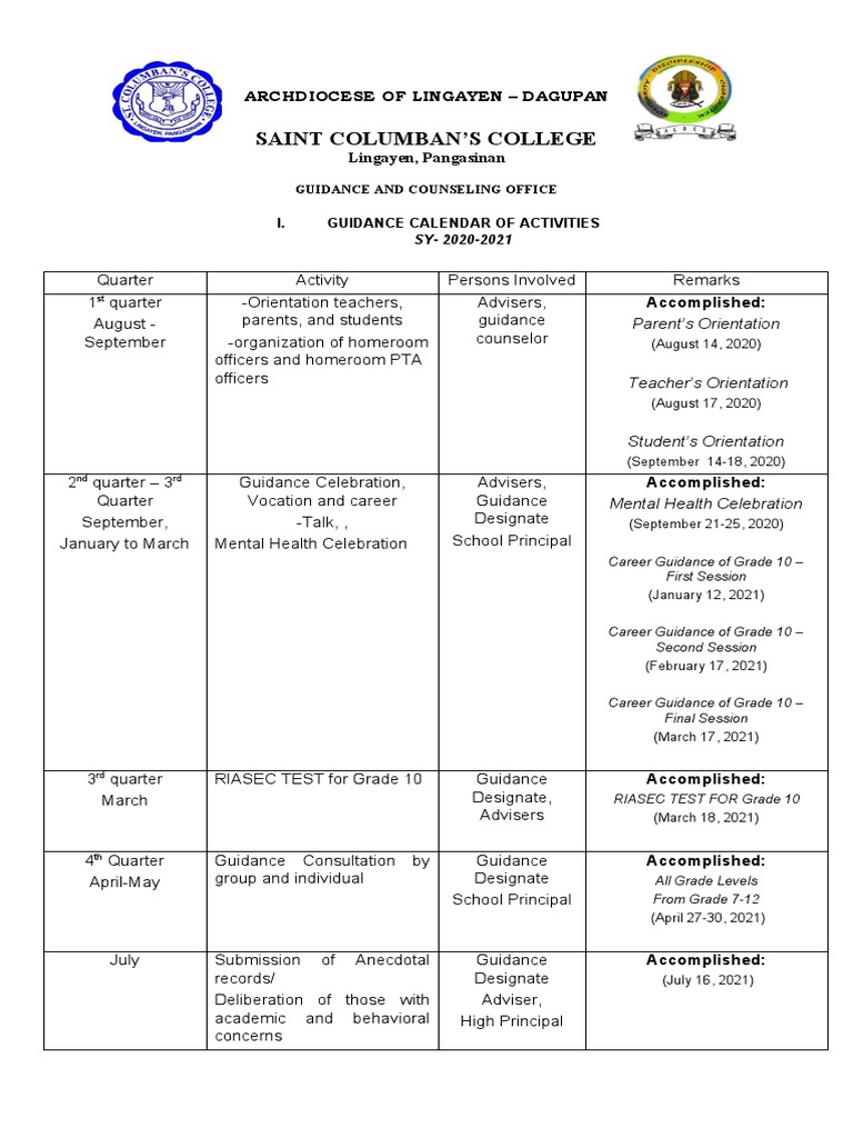 Guidance Calendar 2020-2021 Overview | PDF | School Counselor ...