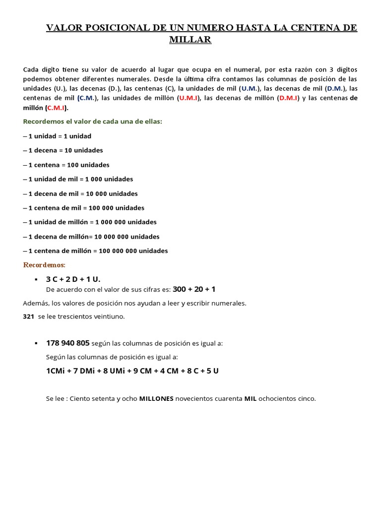 Valor posicional y equivalencia de números hasta la centena de millar ...