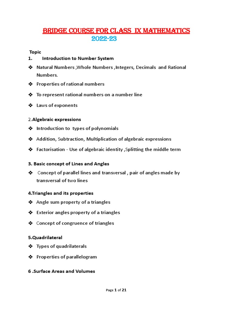 Bridge Course Mathematics 2022-23 - Ix | PDF | Triangle | Integer