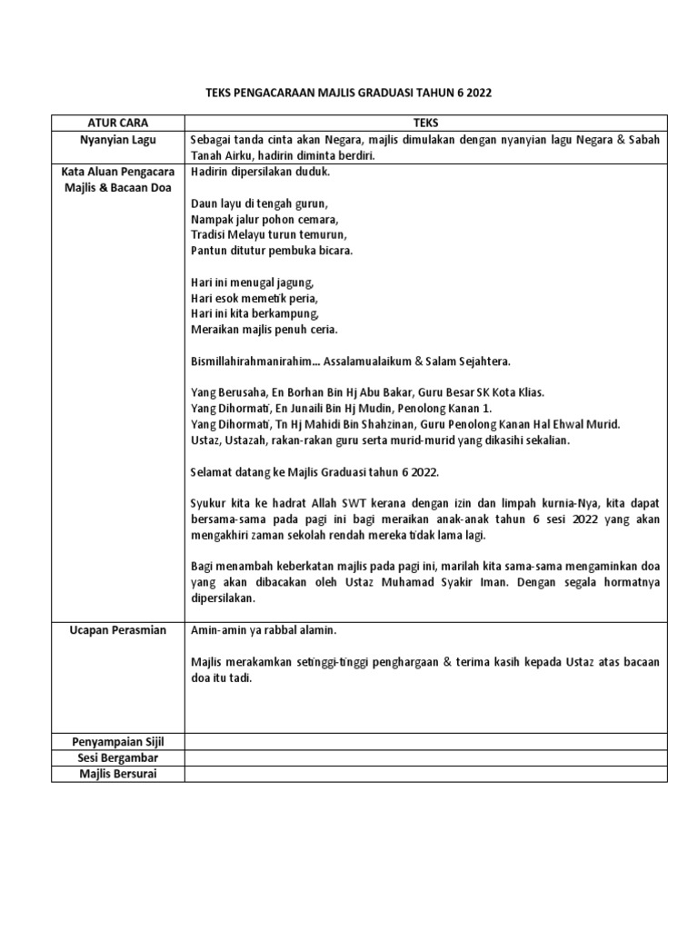 Teks Pengacaraan Majlis Graduasi Tahun 6 2022 | PDF