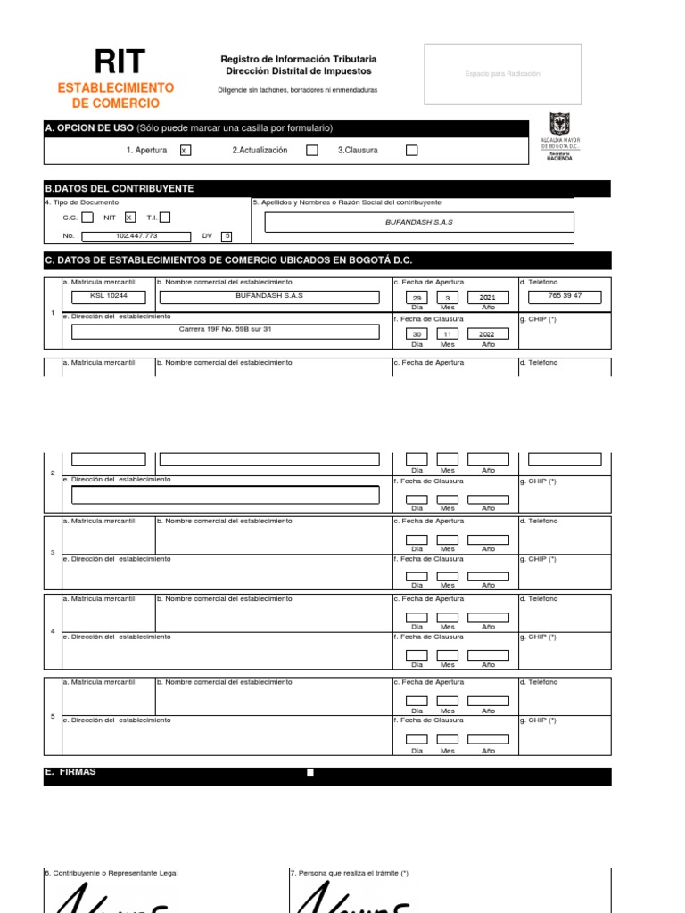 Formulario de Registro RIT Bogotá | PDF