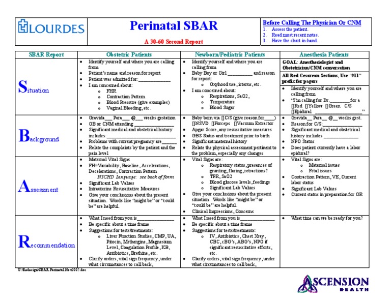 Perinatal Sbar | Download Free PDF | Obstetrics | Caesarean Section
