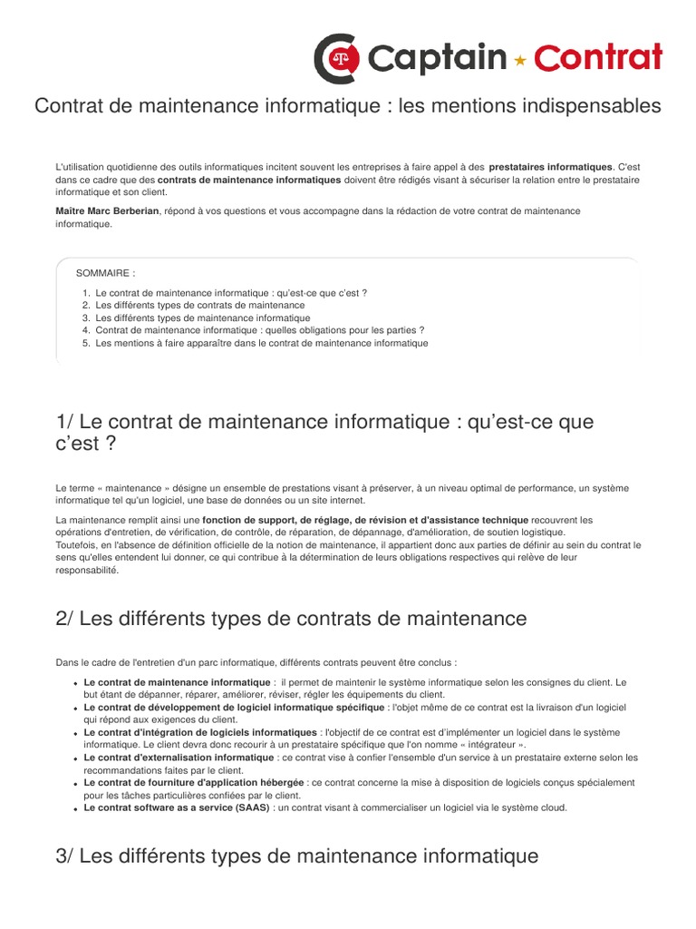 Contrat de maintenance informatique essentiel | PDF | Informatique ...