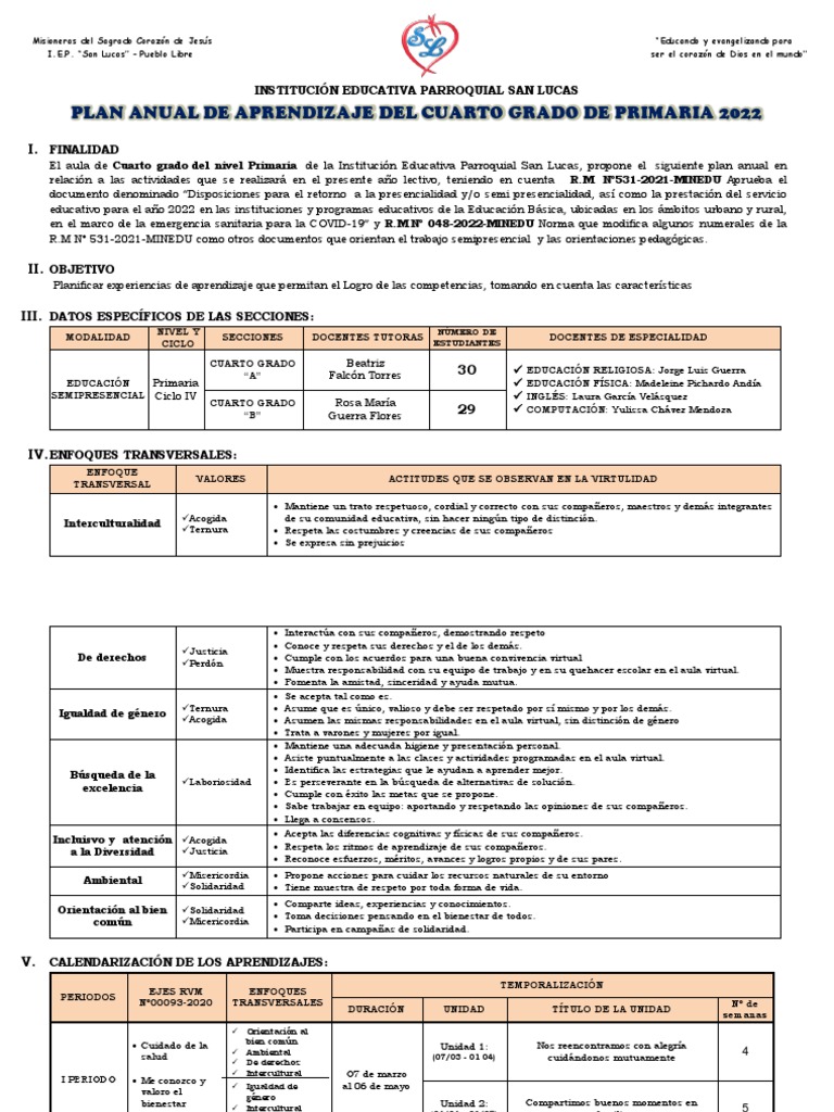 Plan Anual Cuarto Grado-2022 | PDF | Educación primaria | Comunicación no verbal