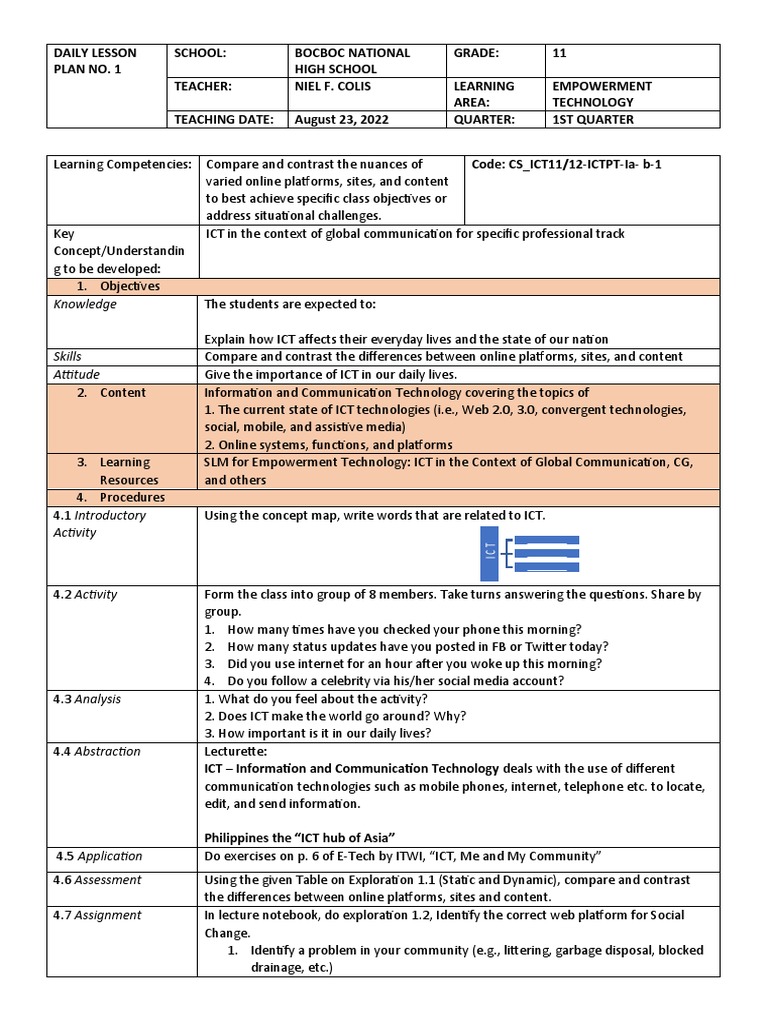 Grade 11 Empowerment Tech Lesson Plan | PDF | Educational Technology ...