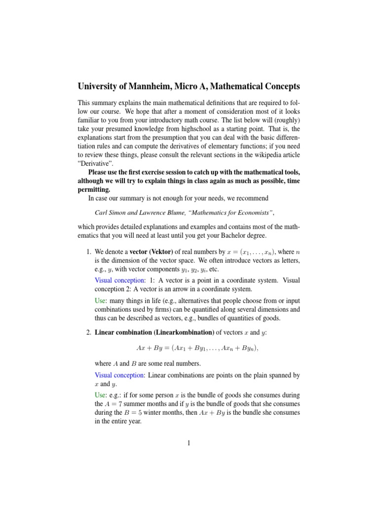 Mathematical Concepts for Microeconomics: An Overview of Vectors, Functions, Derivatives and ...
