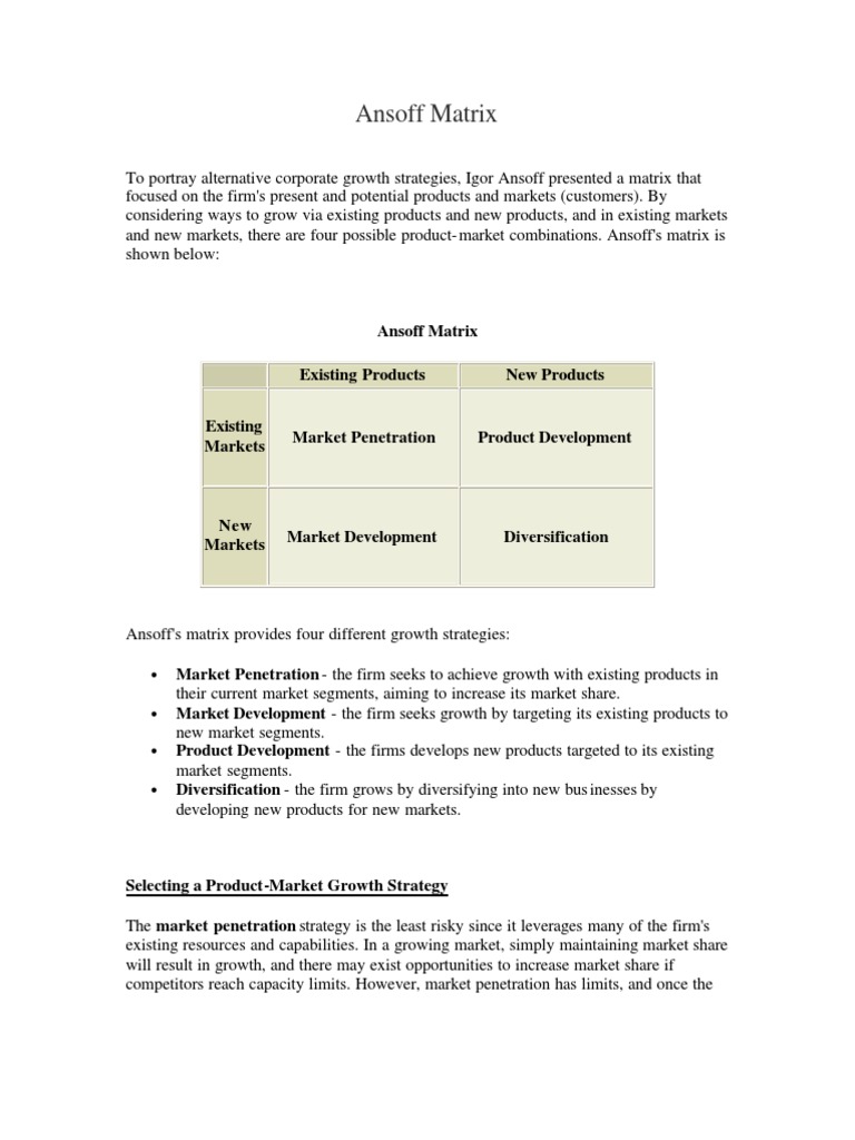 Ansoff Matrix: Growth Strategies Explained | PDF | Diversification ...