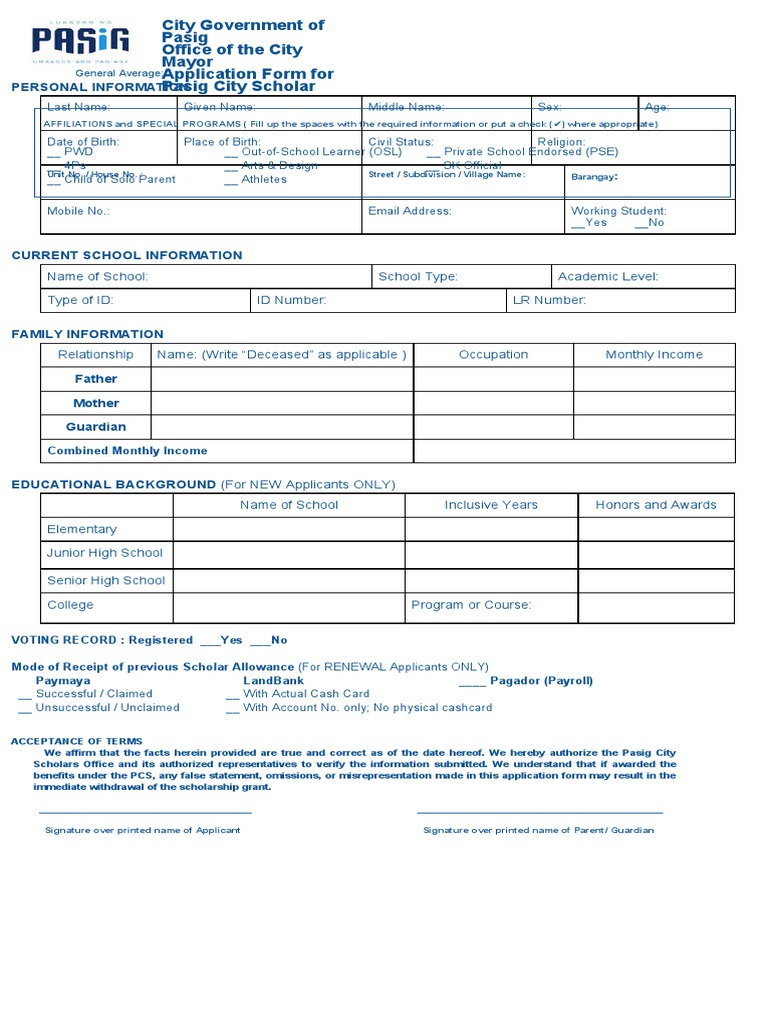 Downloadable Application Form For Pasig City Scholars | PDF