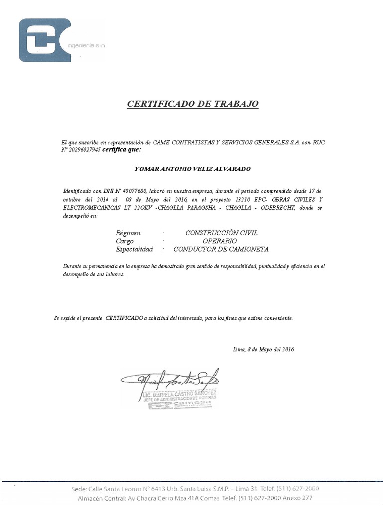 Certificado Camesa | PDF