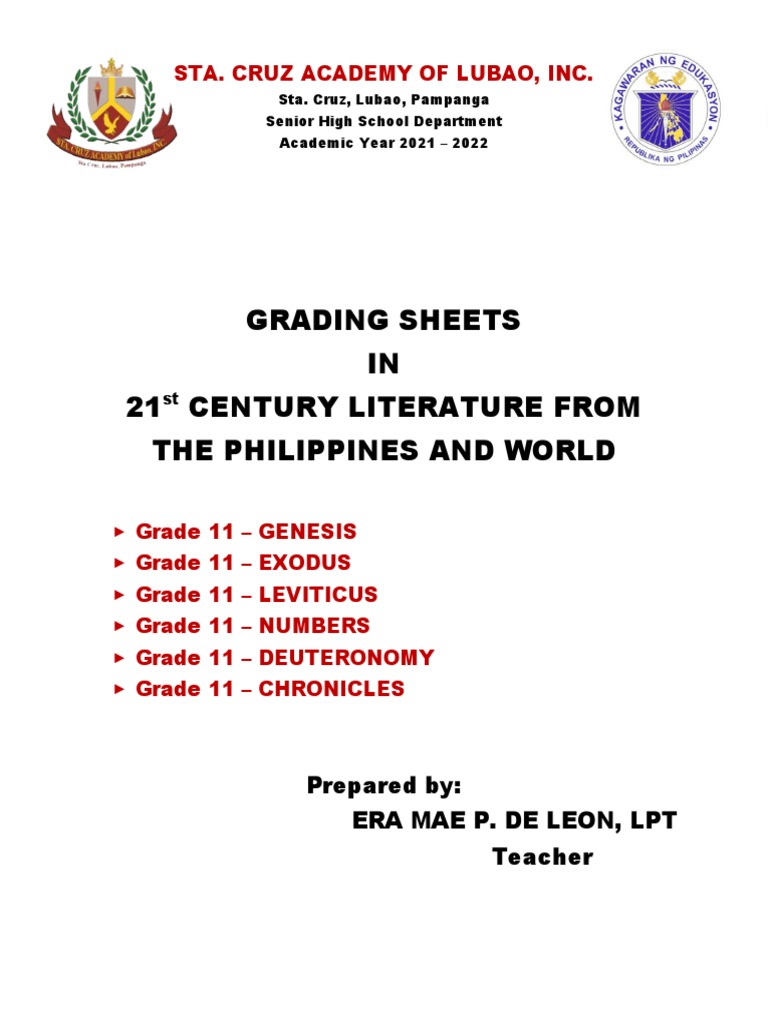 Grading Sheet Cover for 21st Century Literature | PDF