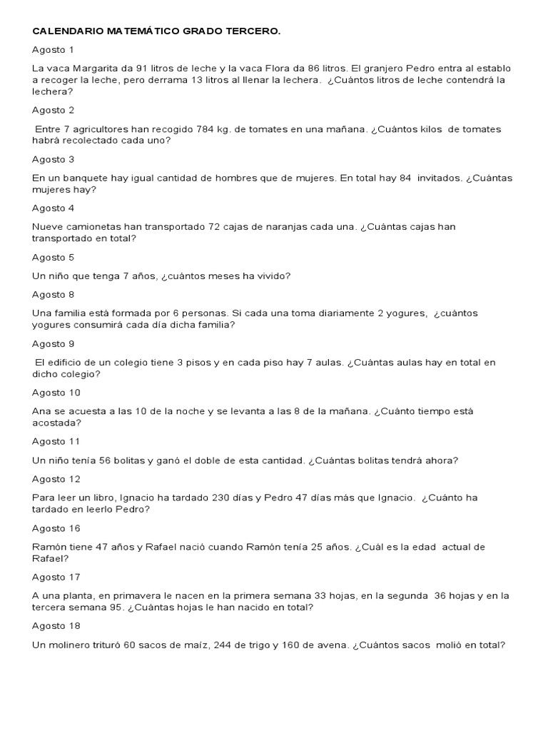 Calendario Matemático Agosto | PDF