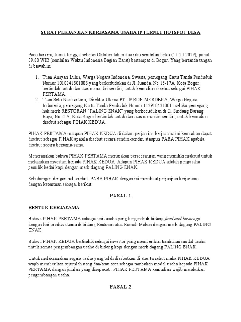 Surat Perjanjian Kerjasama Usaha Pdf