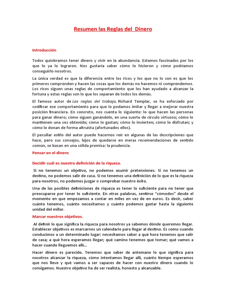 Resumen Las Reglas Del Dinero | PDF | Compartir (Finanzas) | Inversiones