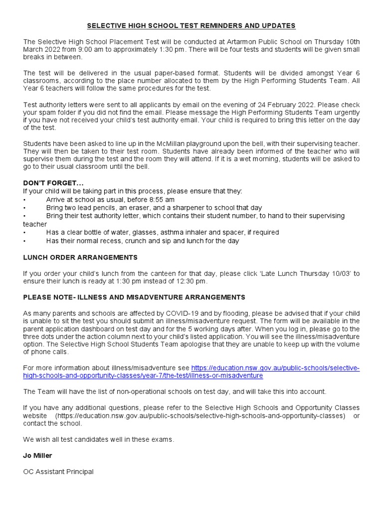 Year 6 Selective Test Guidelines 2022 | PDF | Career & Growth | Wellness