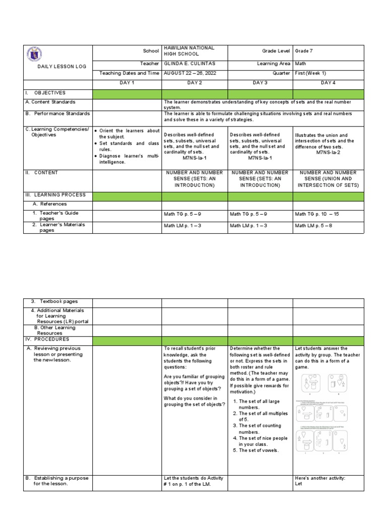 WEEK 1 DLL Math7 | PDF | Set (Mathematics) | Learning