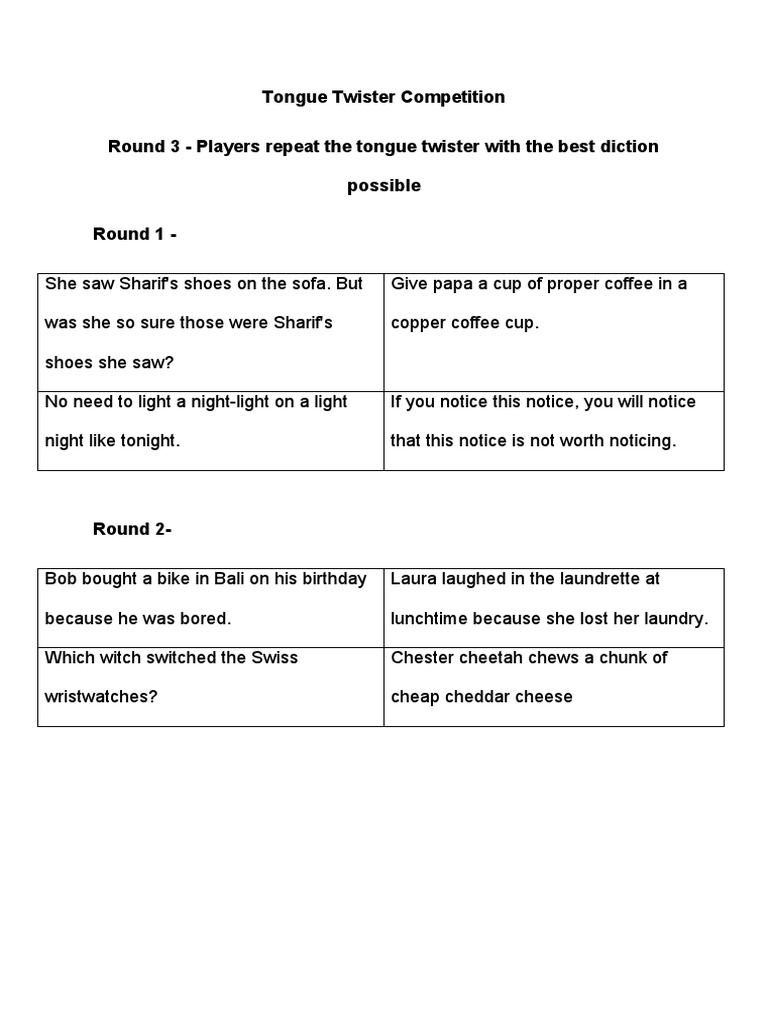 Tongue Twister Contest Rounds | PDF