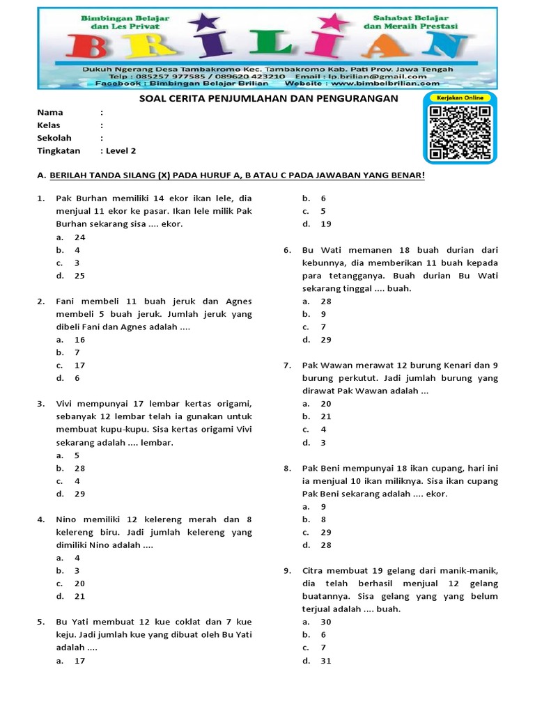 Soal Cerita Penjumlahan Dan Pengurangan Kelas 2 SD - Level 2 | PDF