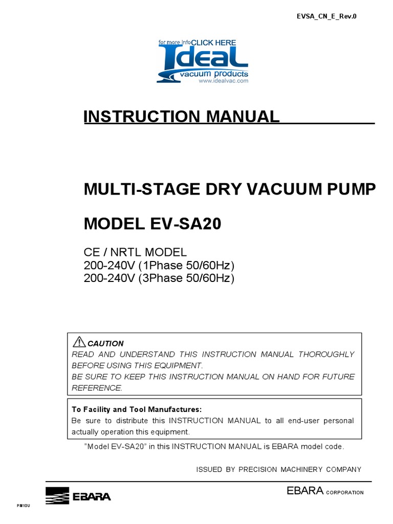 EBARA EV SA20 Dry Vacuum Manual | PDF | Pump | Mechanical Engineering