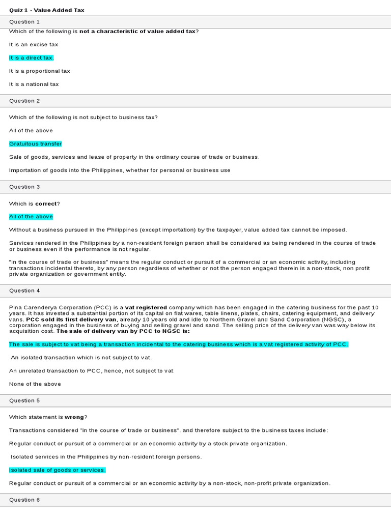 Tax 3 PRELIM QUIZZES | PDF | Value Added Tax | Taxes