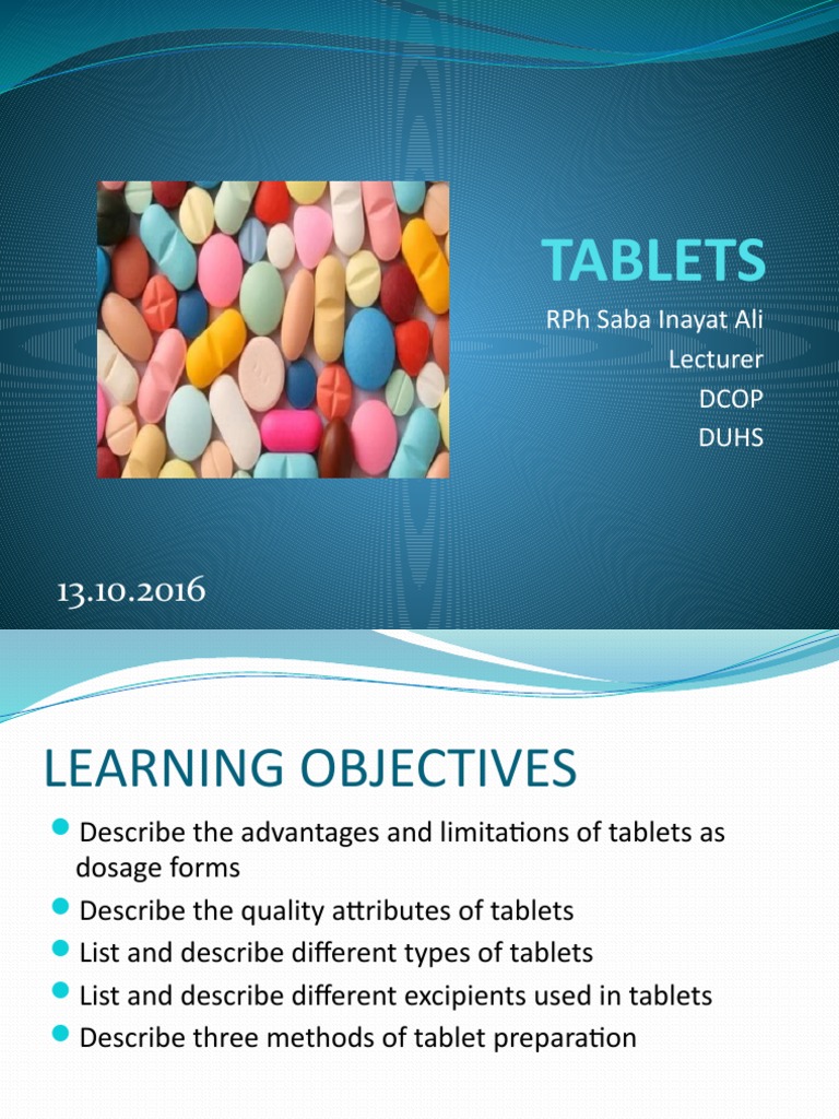 Tablets: RPH Saba Inayat Ali Lecturer Dcop Duhs | PDF | Tablet ...