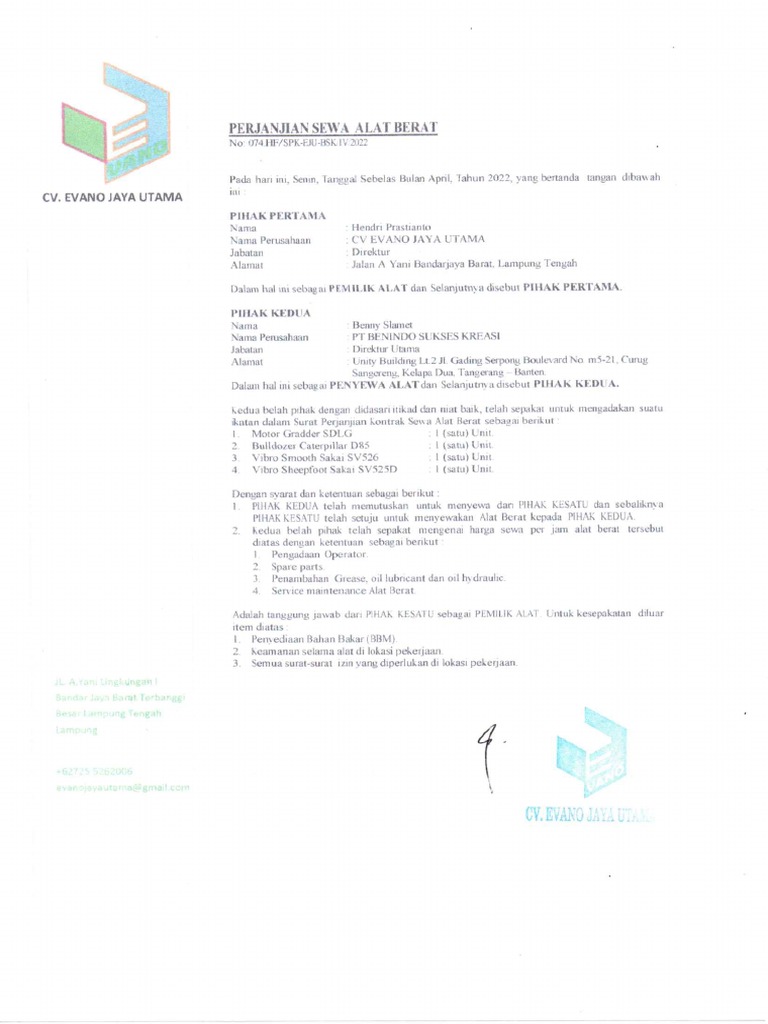 Perjanjian Sewa Alat Berat EJU-BSK | PDF