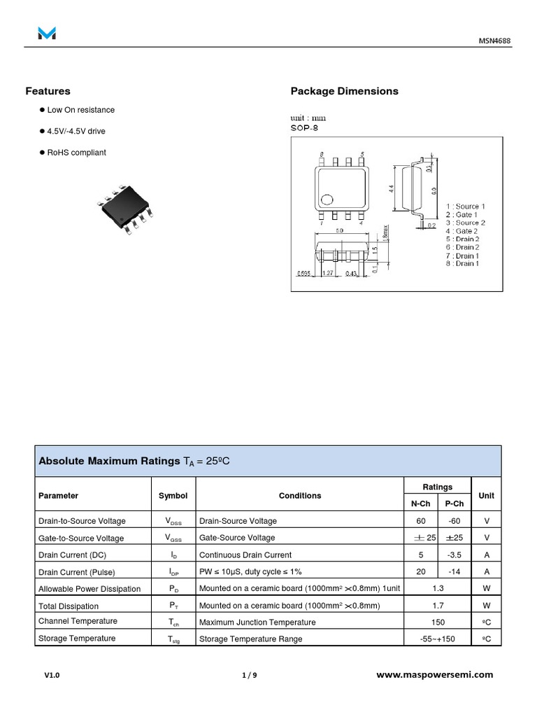 MSN4688 Maspower | PDF | Field Effect Transistor | Electrical Engineering