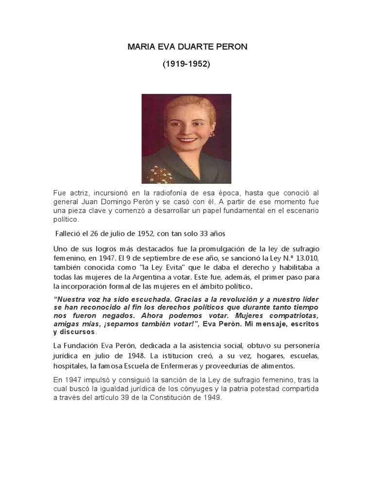 Eva Duarte de Perón: Legado y Logros | PDF