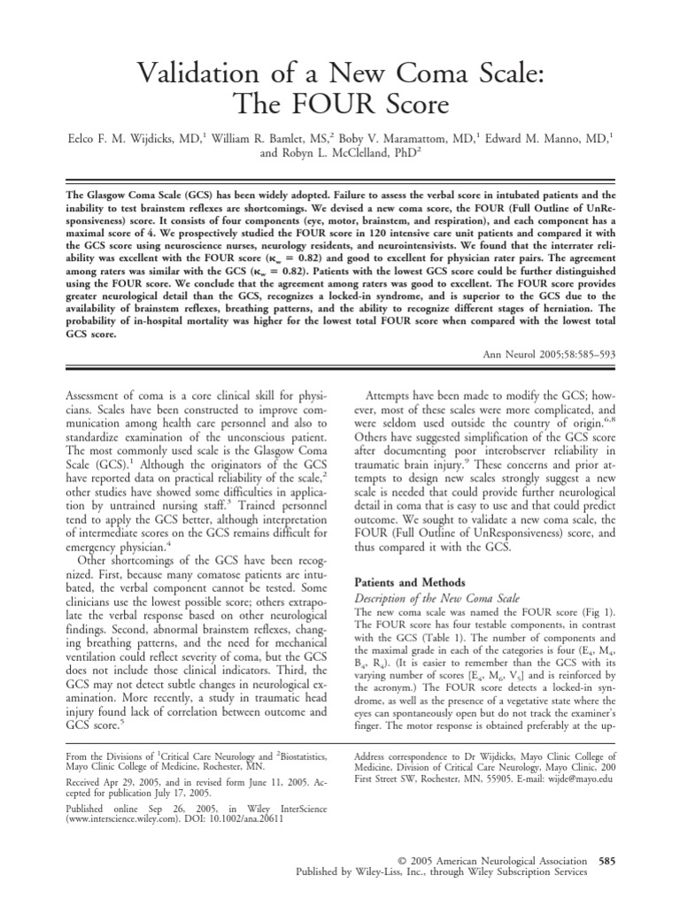 The FOUR Score | Coma | Medicine