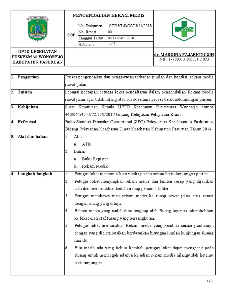 021 SOP Pengendalian Rekam Medis | PDF