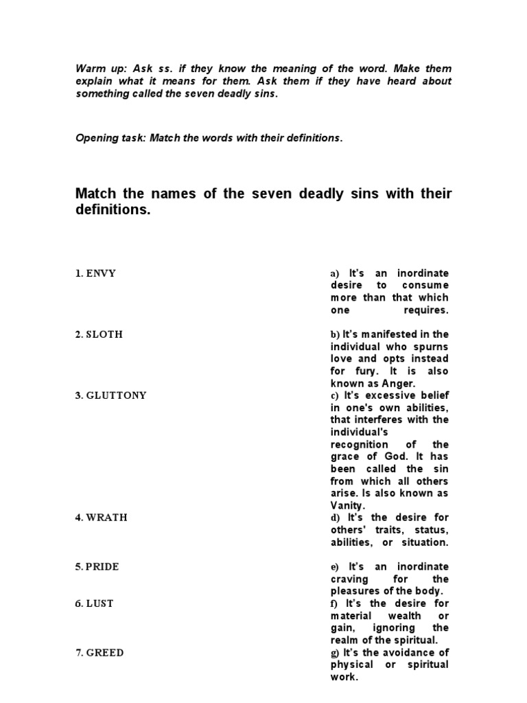 The Seven Deadly Sins, Exercise | PDF | Seven Deadly Sins | Christianity