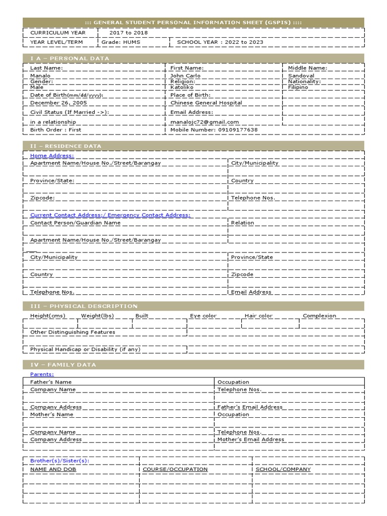 General Student Personal Info Sheet | PDF | Social Science | Law