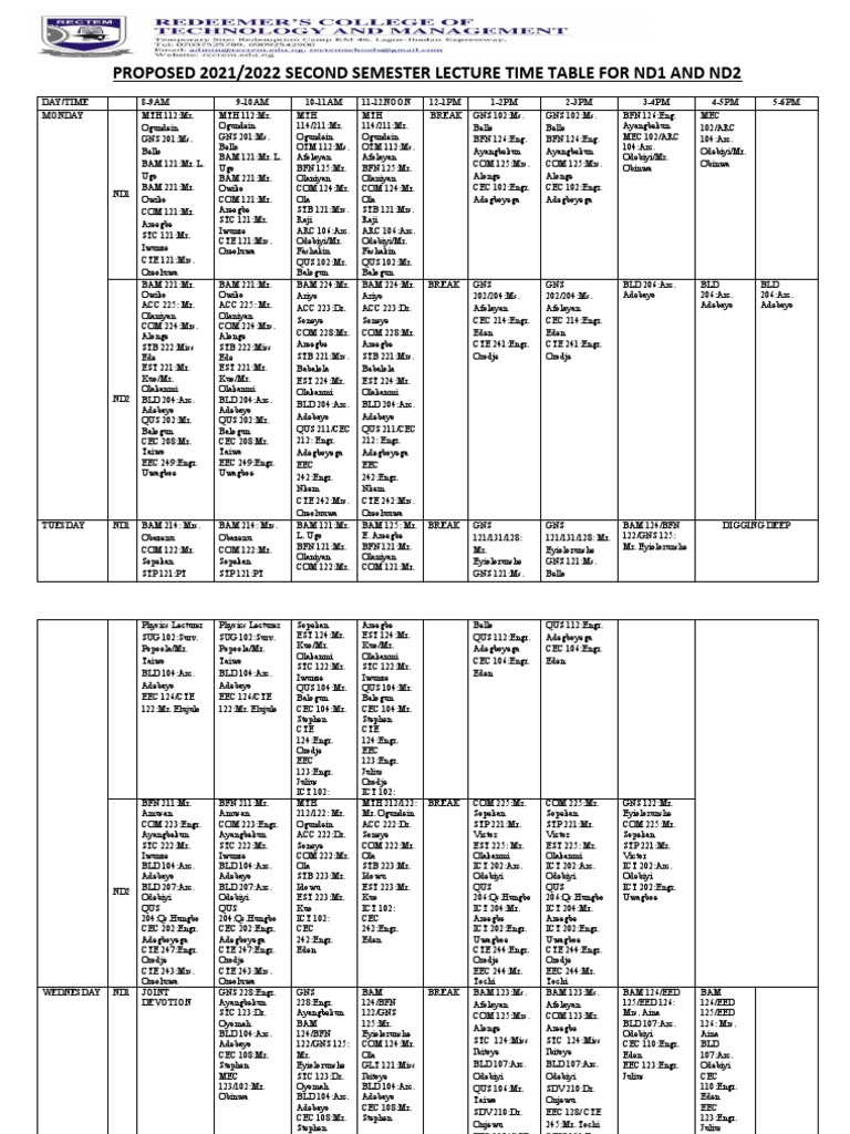 Proposed 20212022 Second Semester Lecture Timetable | PDF