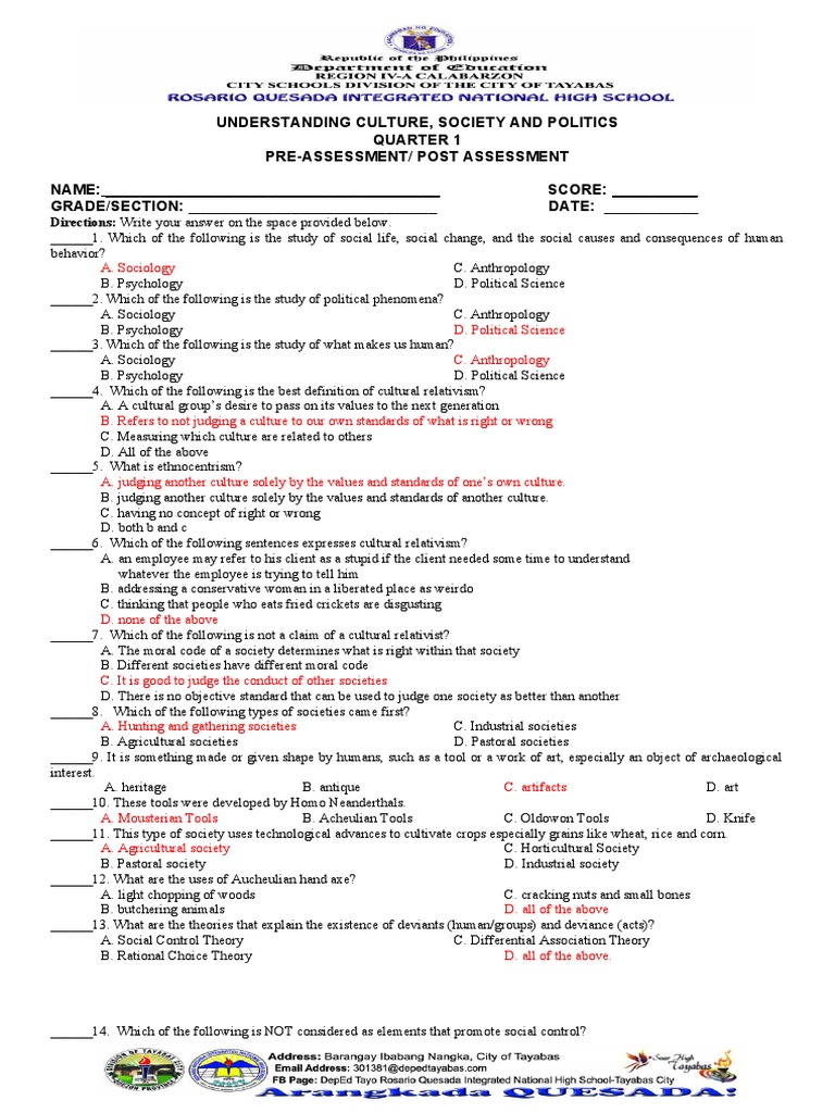 Cultural Relativism and Ethnocentrism Quiz | PDF | Society | Deviance ...