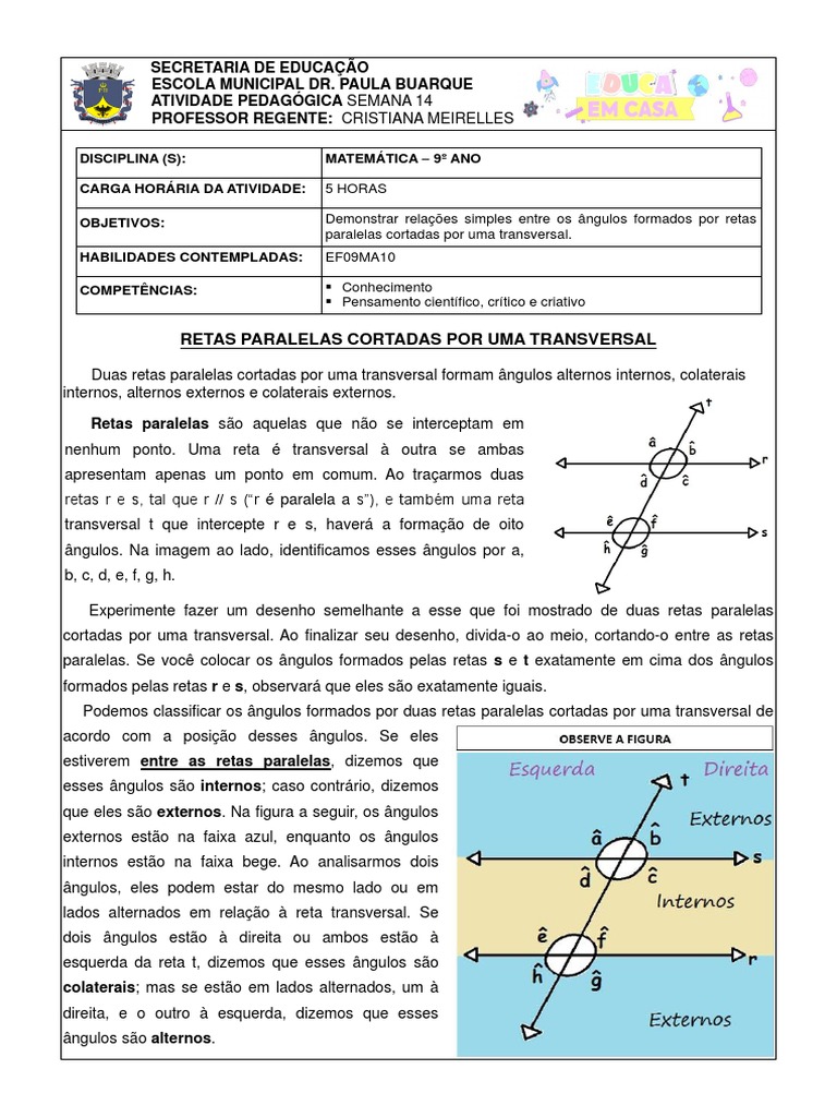 Semana 14 Retas Paralelas Cortadas Por Uma Transversal 9 Ano 2021 PDF ...