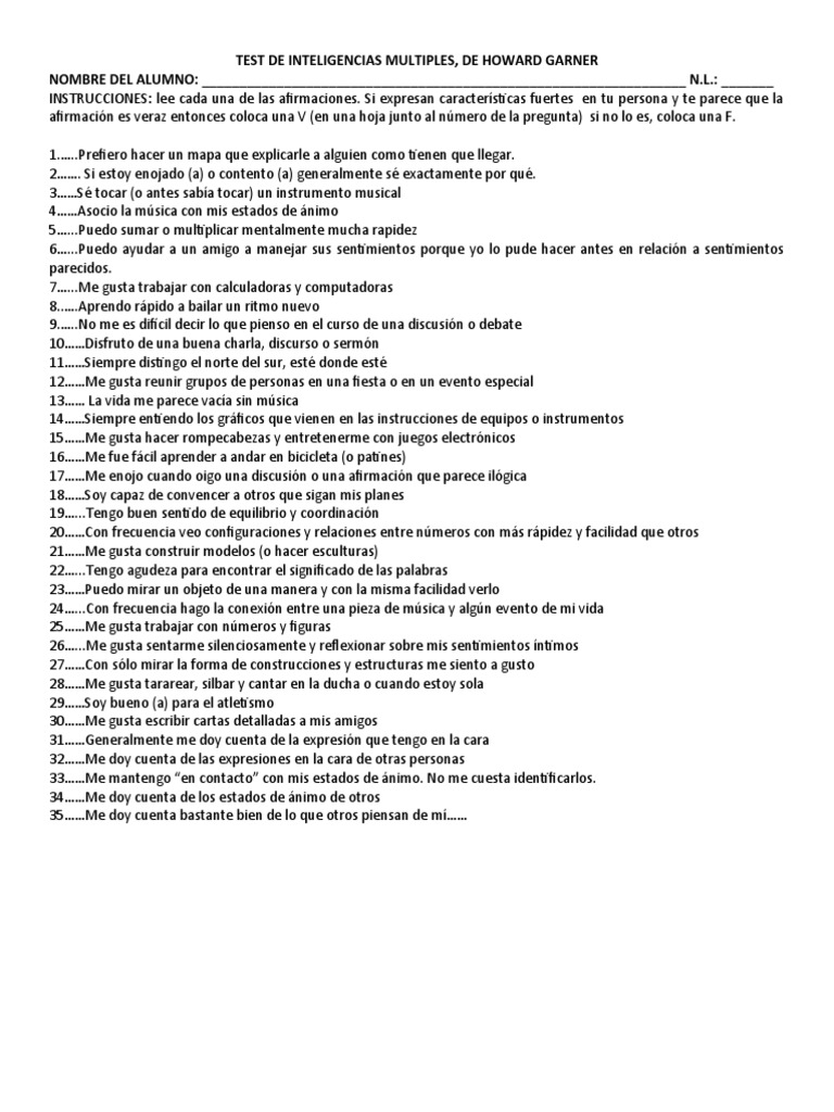 Test de Inteligencias Múltiples de Gardner | PDF
