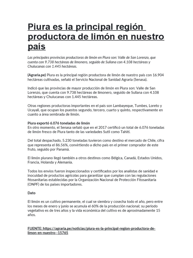 Piura, la principal región exportadora de limón del Perú | PDF | Limón ...