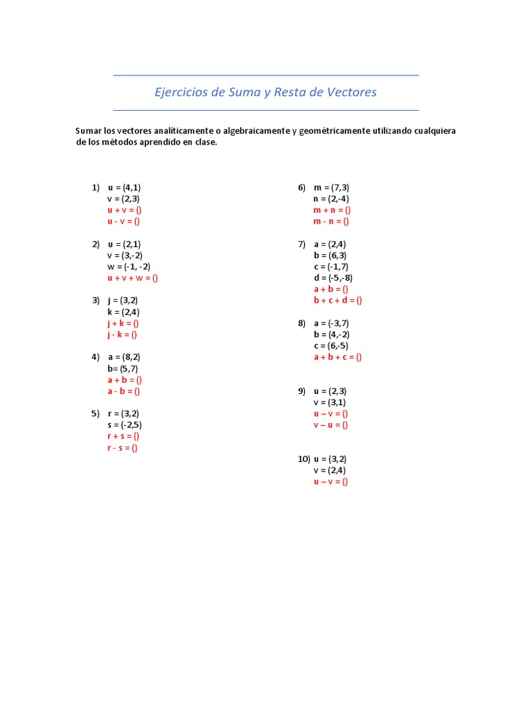 Ejercicios de Suma y Resta de Vectores | PDF | Métodos y materiales de ...