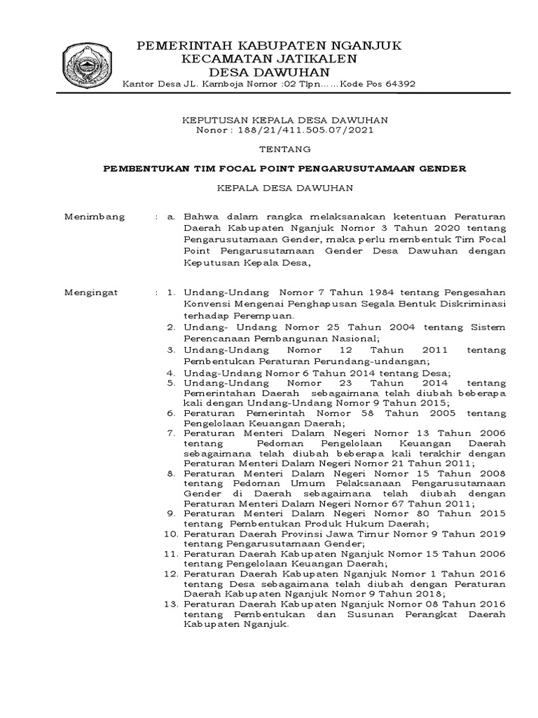 Pembentukan Tim Focal Point Gender | PDF