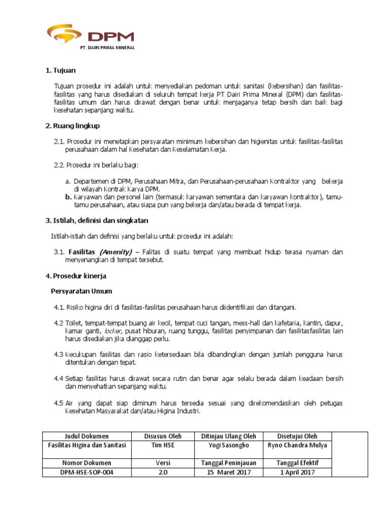 DPM-HSE-SOP-004 - Fasilitas Higina Dan Sanitasi - Tahoma - R | PDF
