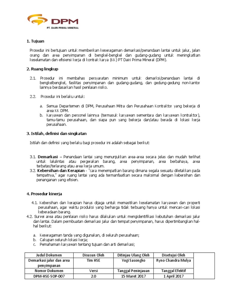DPM-HSE-SOP-007 - Demarkasi Jalur Dan Area Penyimpanan - Tahoma - R | PDF